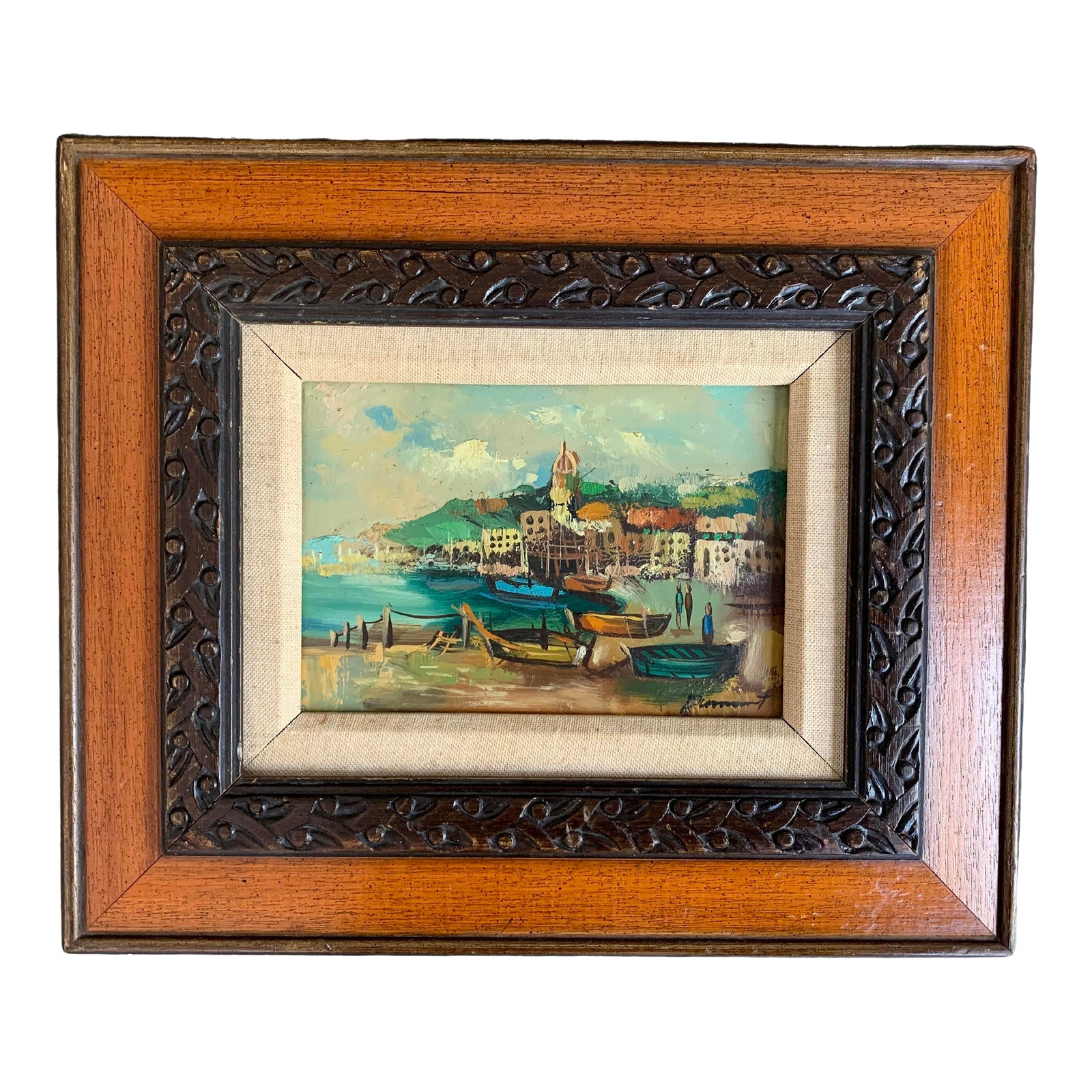 Vintage Mediterranean Seascape Painting in Carved Wood Frame | Chairish