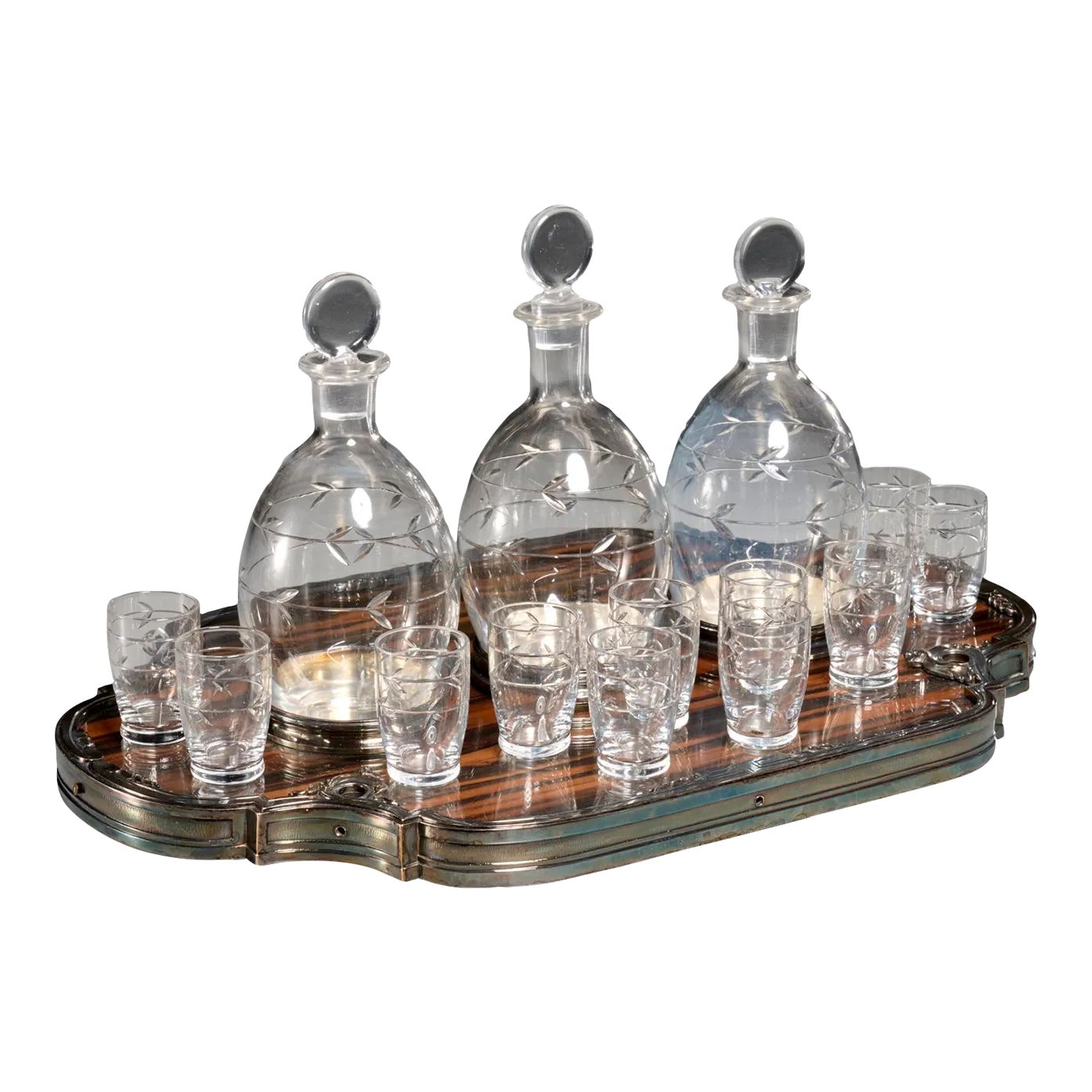 19th Century Boin-Taburet Paris Cordials Set on a Silver Plate and Macassar Ebony Tray- 15 ...