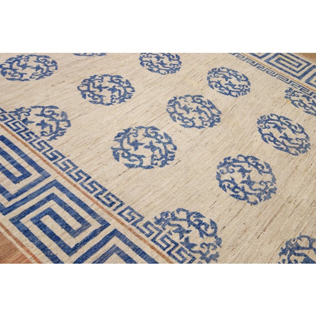 Modern Handmade Blue Greek Key Pattern Beige Oversize Wool Rug | Chairish
