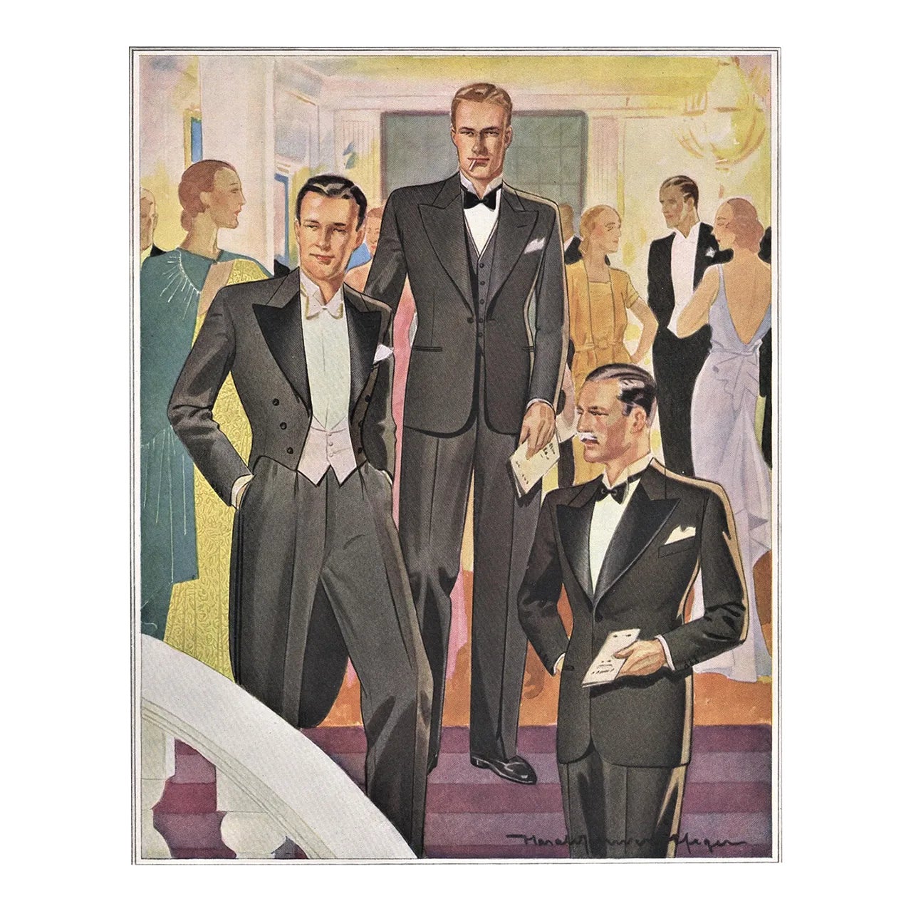 1931 French Art Deco Men's Formal Fashion Print, Tuxedos-Matted | Chairish