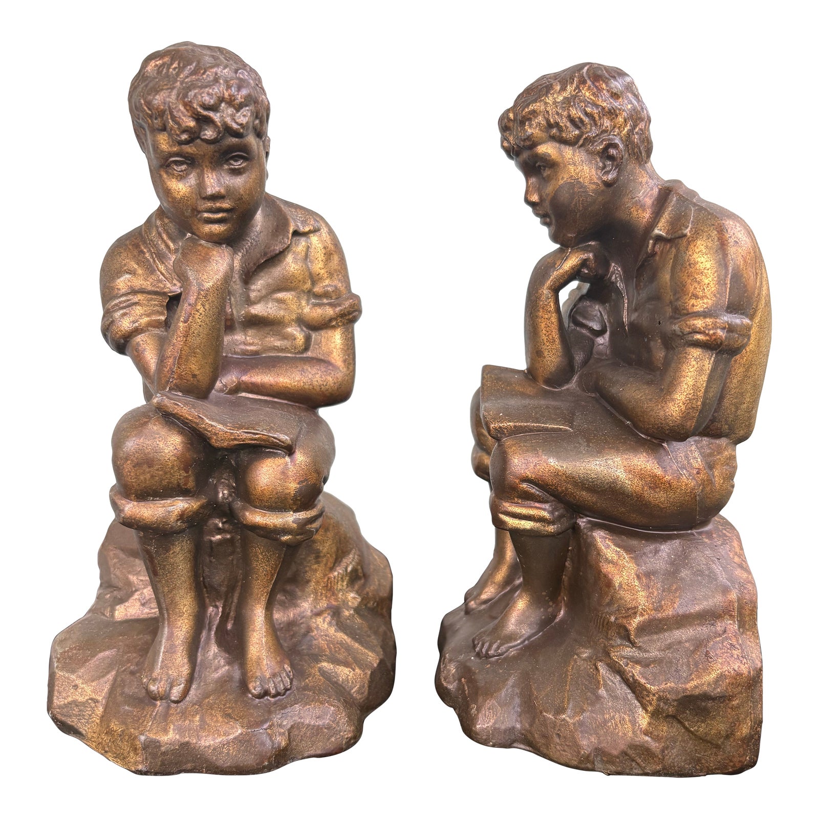 Vintage Bronze-Tone Seated Boy Figural Bookends, Art Deco Style, C ...