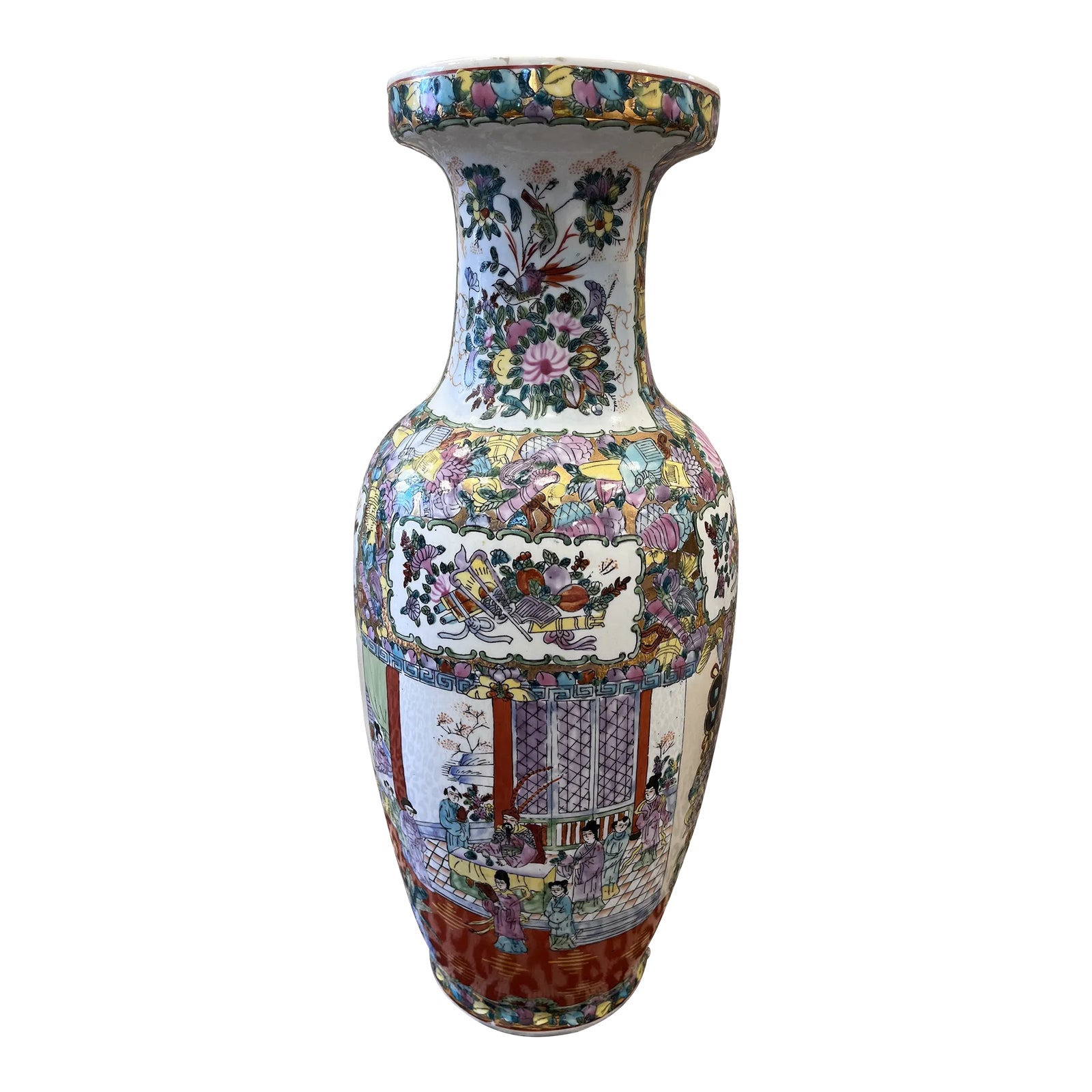 Large Vintage Rose Famille Vase | Chairish