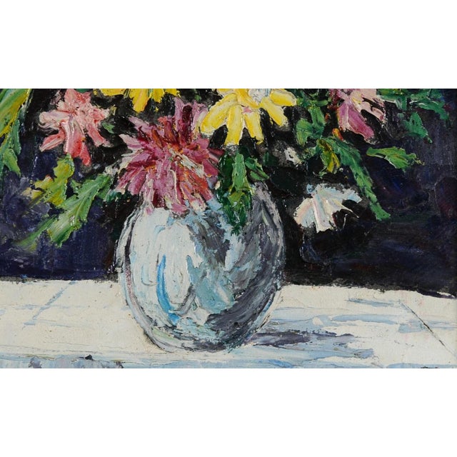 1980s Still Life "Flowers in a Vase" Impasto Oil Painting on Board, Framed and Signed | Chairish