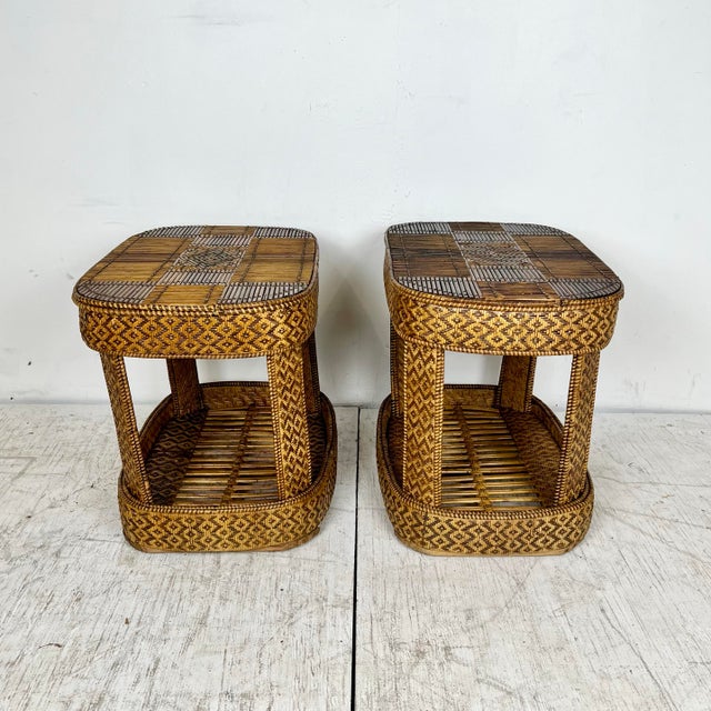 Vintage Woven Pencil Reed Rattan Side Tables- a Pair | Chairish