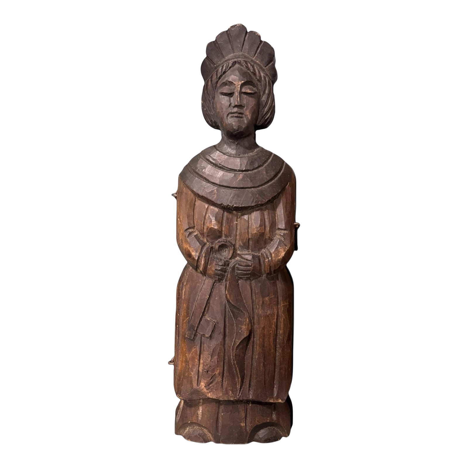 Primitive Antique Folk Art Figural Carved 15" Wooden Maiden Keepsake ...