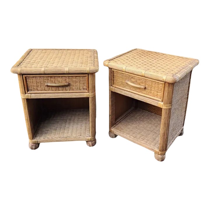 Vintage Coastal Boho Chic Woven Wicker Nightstands - a Pair | Chairish