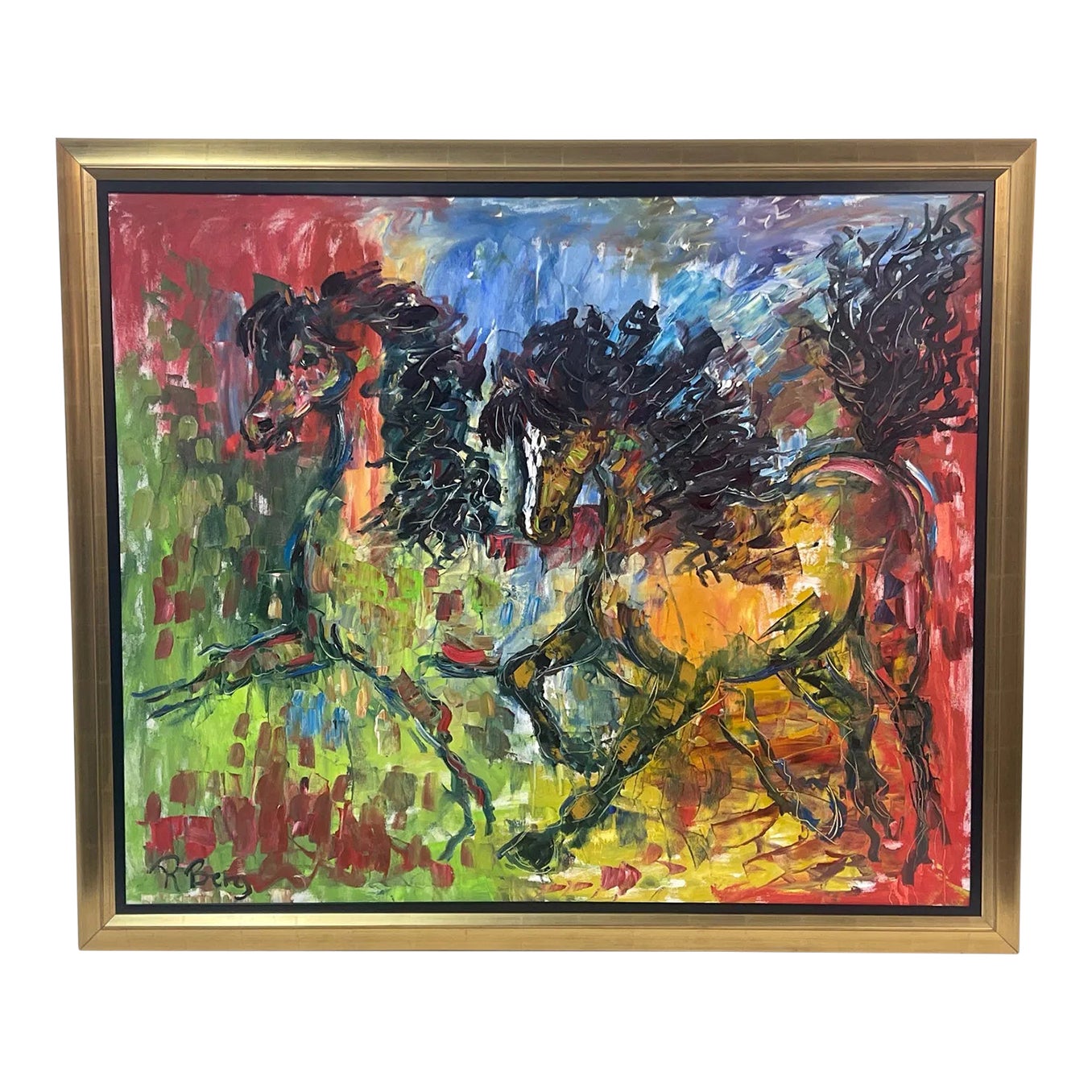 Large Colorful Expressionist Oil Painting of Wild Horses by R. Berg ...