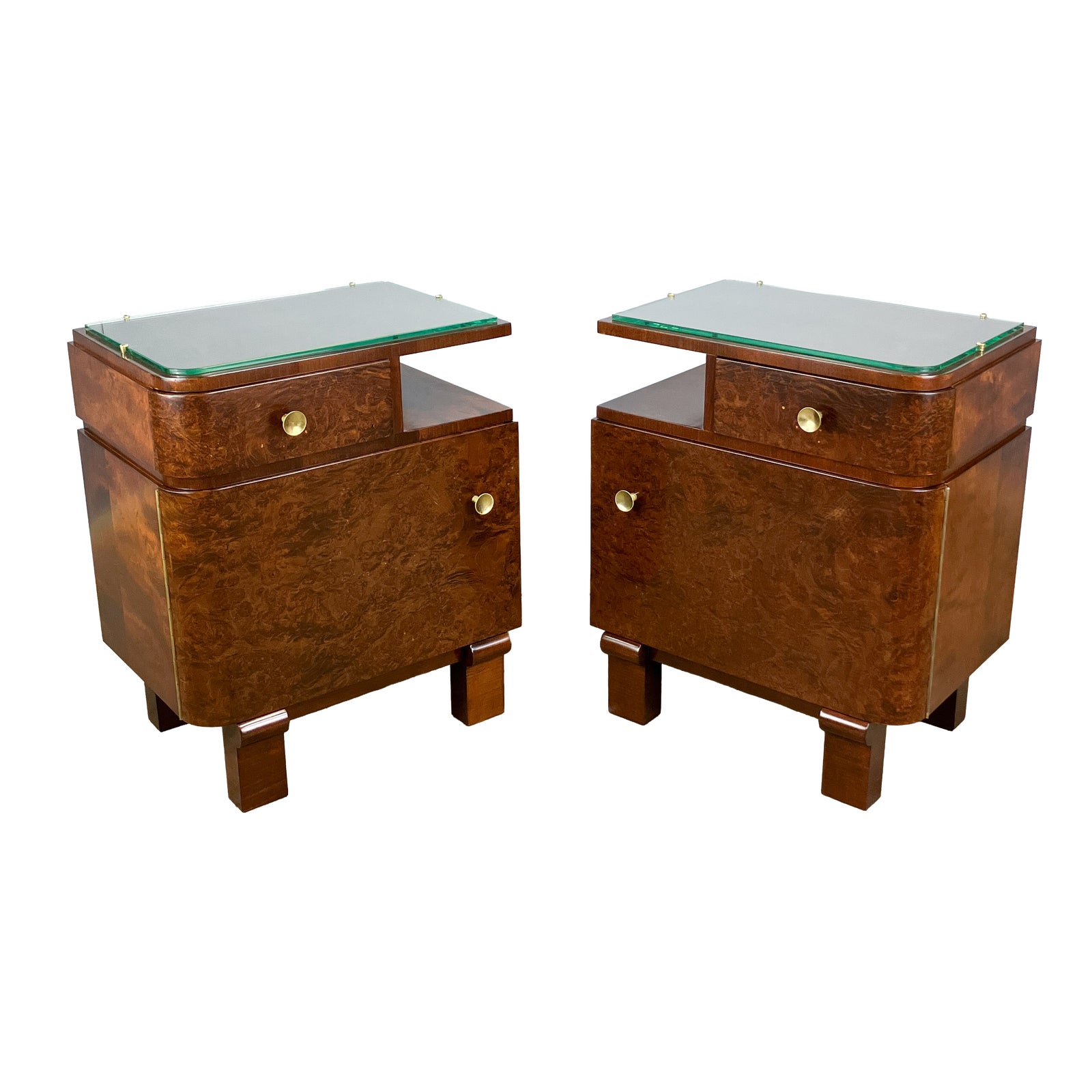 Art Deco Bedside Tables in Burl Wood with Glass Top, 1930s, Set of 2 ...