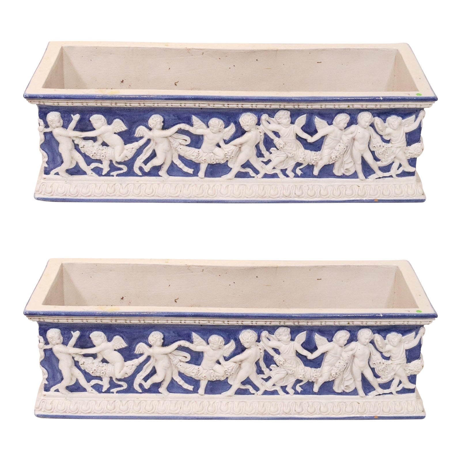 Antique Majolica Blue and White Planter Boxes With Putti - Set of 2 ...
