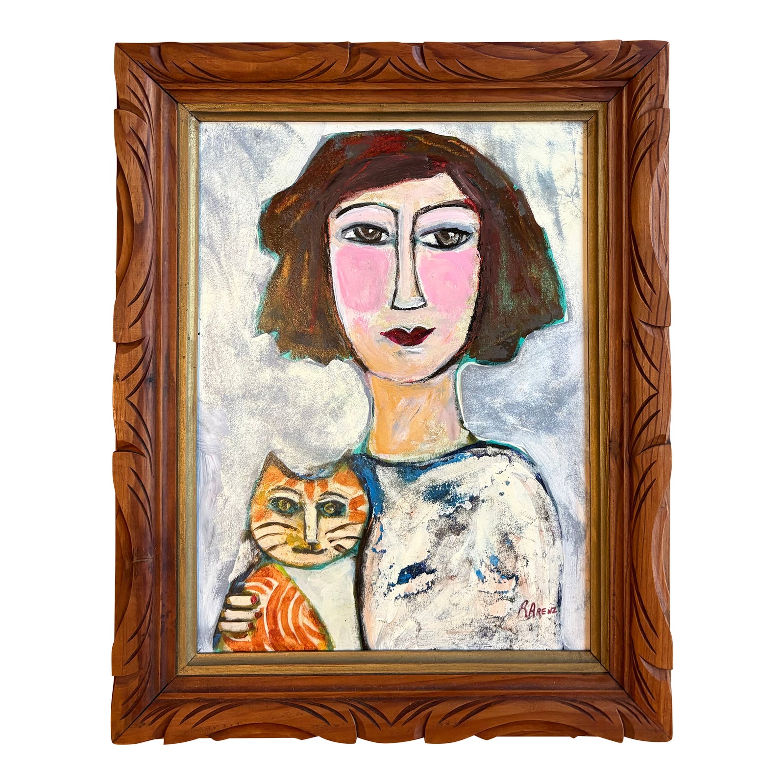 2026 Young Lady With Her Cat Painting in Vintage French Frame | Chairish