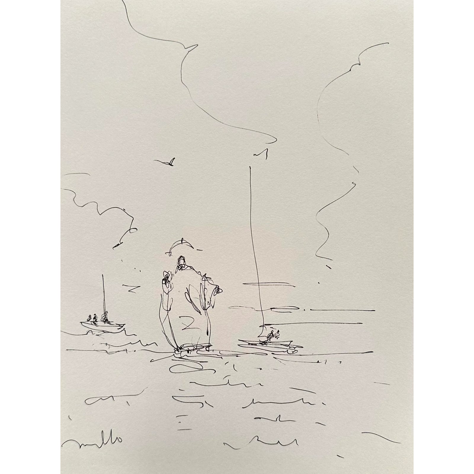 Jose Trujillo Expressionist Pen Ink Paper Drawing of Angel by the Sea ...