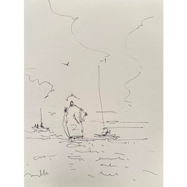 Jose Trujillo Expressionist Pen Ink Paper Drawing of Angel by the Sea ...