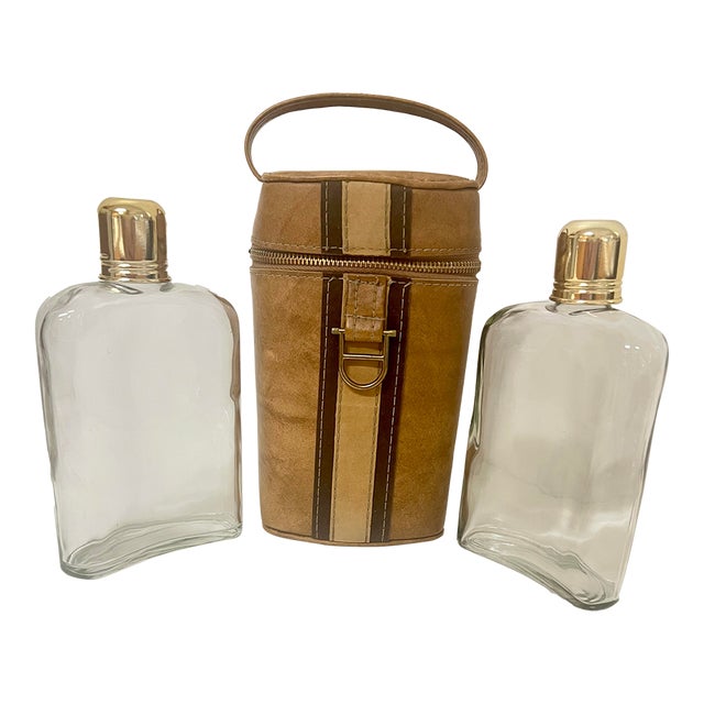 Vintage Two Glass Flasks in Zippered Leather Travel Case- 3 Pieces ...