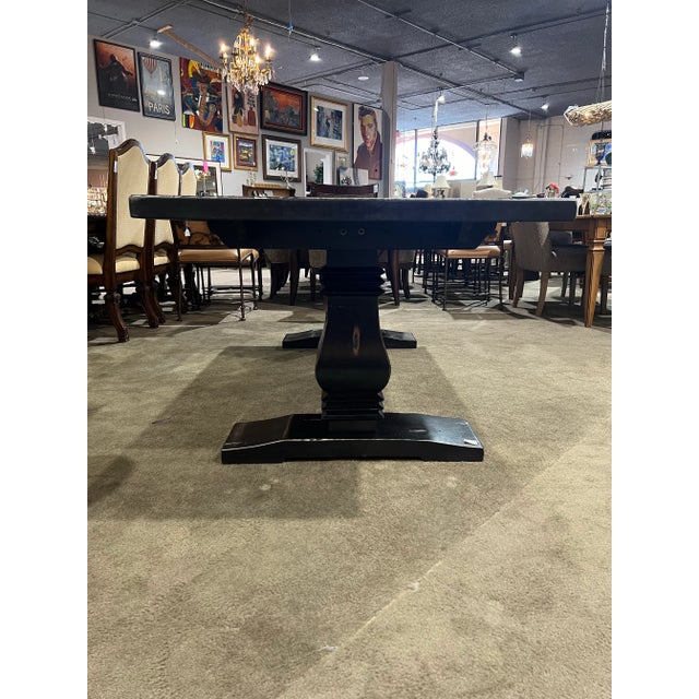 Vintage Black Trestle Table With Pedestals - Distressed Dark Wood ...