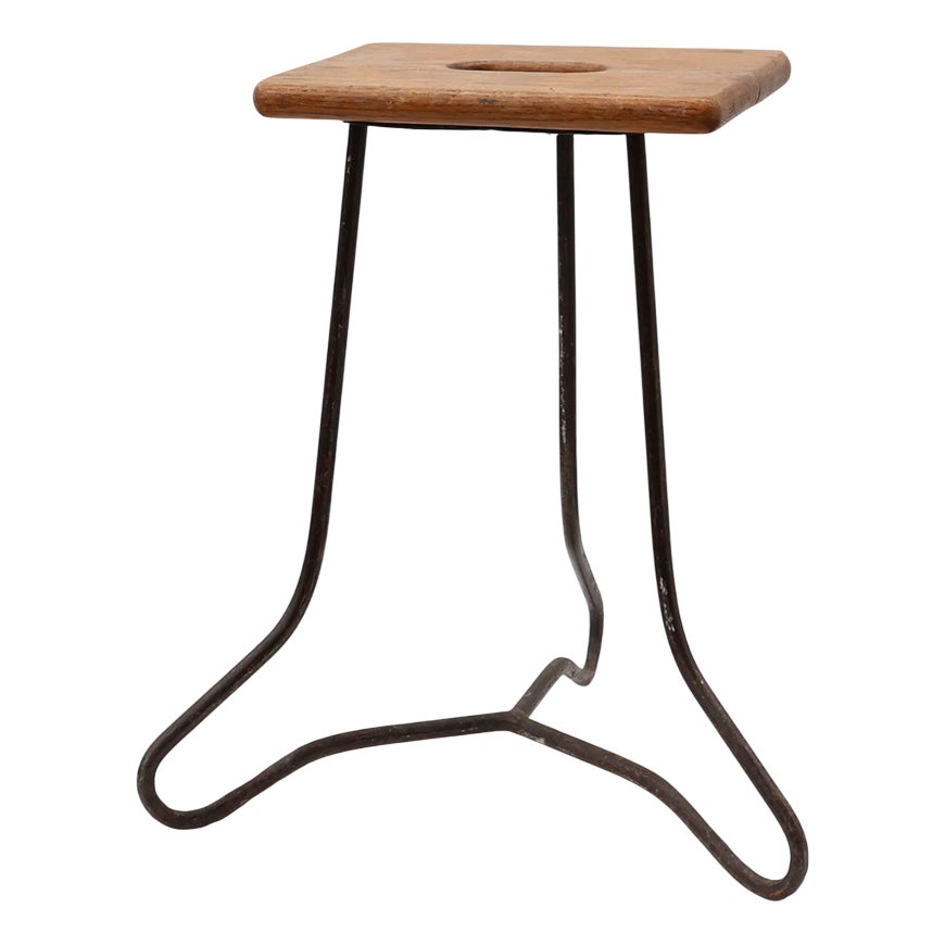 Modernist Industrial Iron and Oak Split Slats Stool, France, 1960s ...