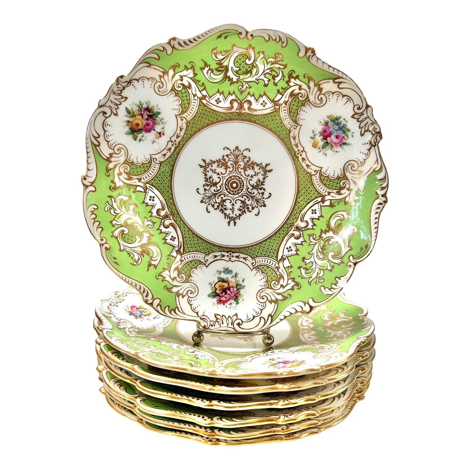 Antique Coalport Apple Green Porcelain Dinner Plates – Set of 7, Gilt ...