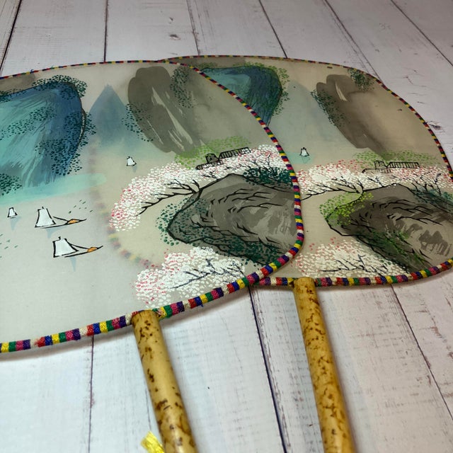Vintage Silk Japanese Asian Hand Painted Paddle Fans- Set of 2 | Chairish