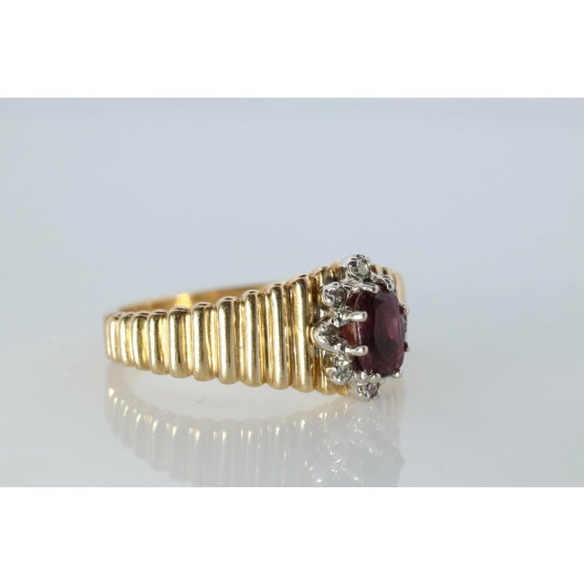 1980s 10k Yellow Gold Ribbed Shank Ruby Diamond Halo Ring Size 6 | Chairish
