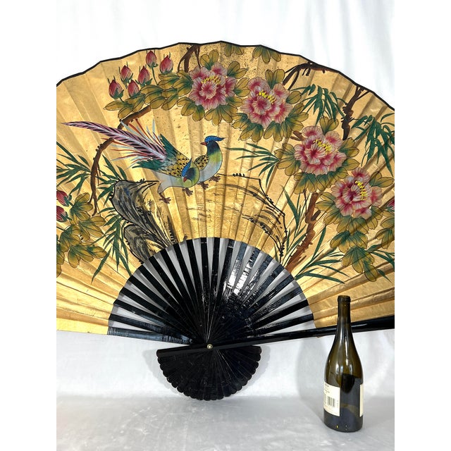 Large Gold & Black Lacquer Oriental / Chinese Wall Fan With Phoenix ...
