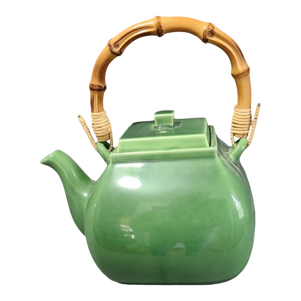 Late 20th Century Pottery Barn Green Teapot Bamboo Handle Ceramic Asian ...