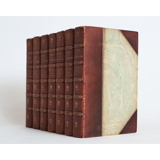 Antique Works of Longfellow Brown Leather-Bound Books - Set of 7 | Chairish