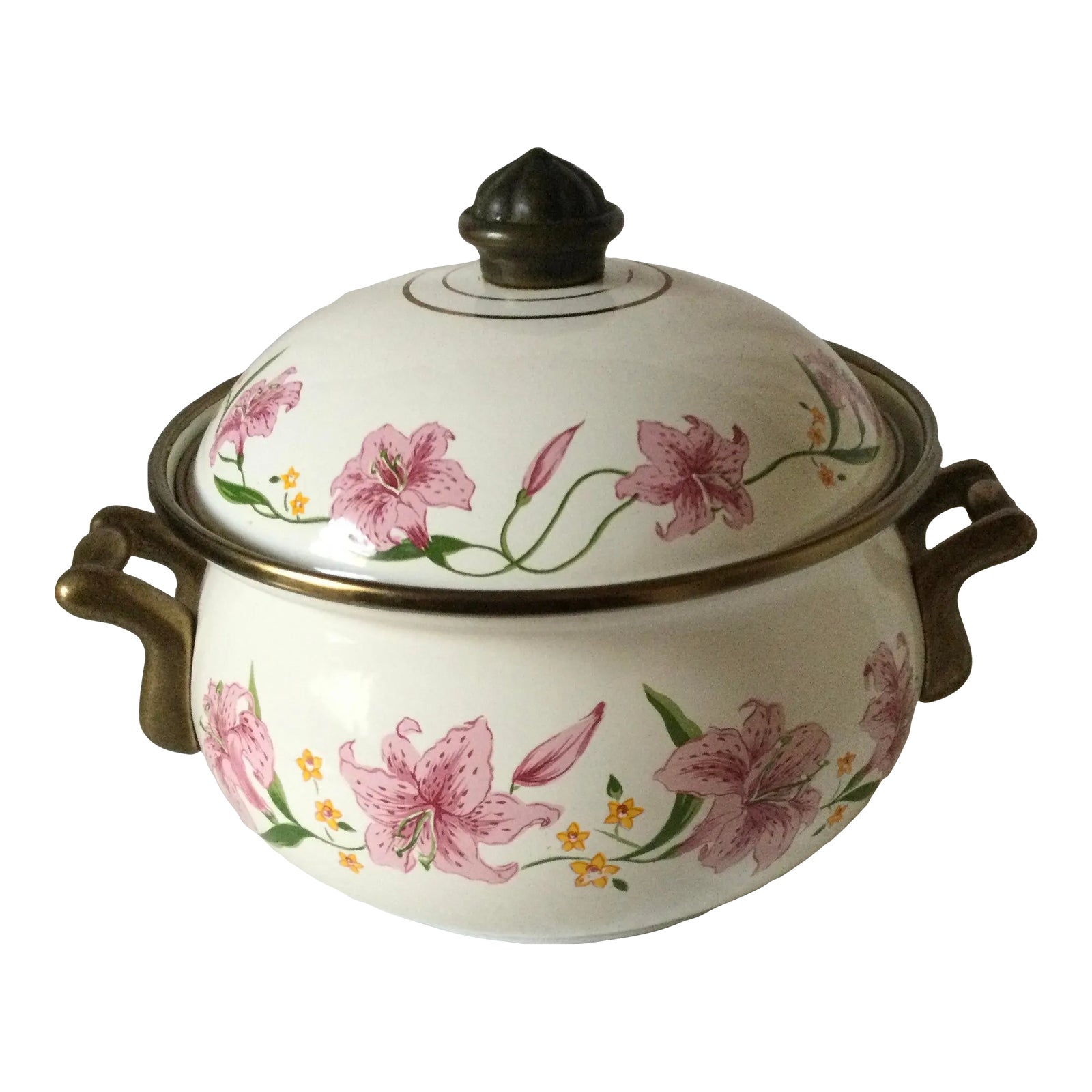 Vintage Normandy Enamel Pink Lily Serve Ware | Chairish