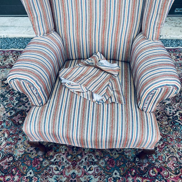 Reupholstered Striped Wing Chair With Feather Cushion | Chairish