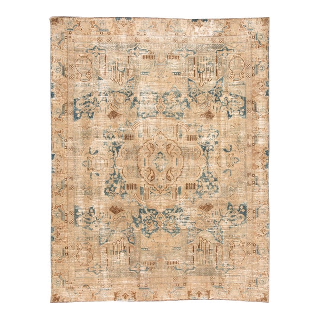 1960s Vintage Persian Distressed Beige Handmade Medallion Wool Rug ...