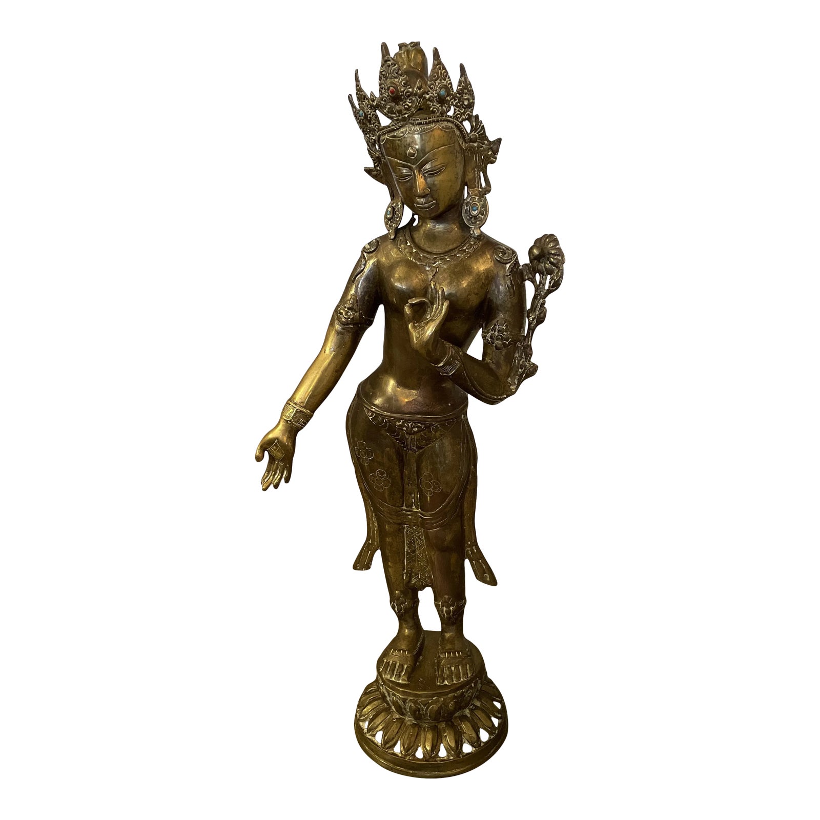 Vintage Brass - Finish Tall Metal Statue With Semi Precious Stones ...