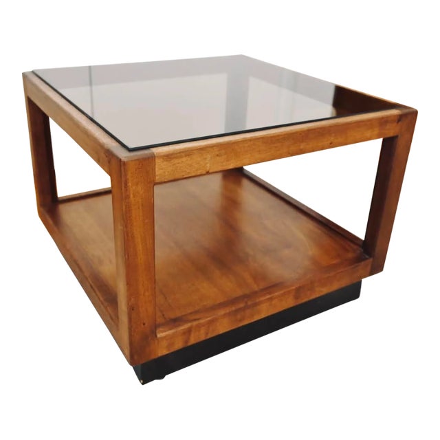 1960s Mid-Century Modern Smoked Glass Walnut Cube Table Attributed to ...