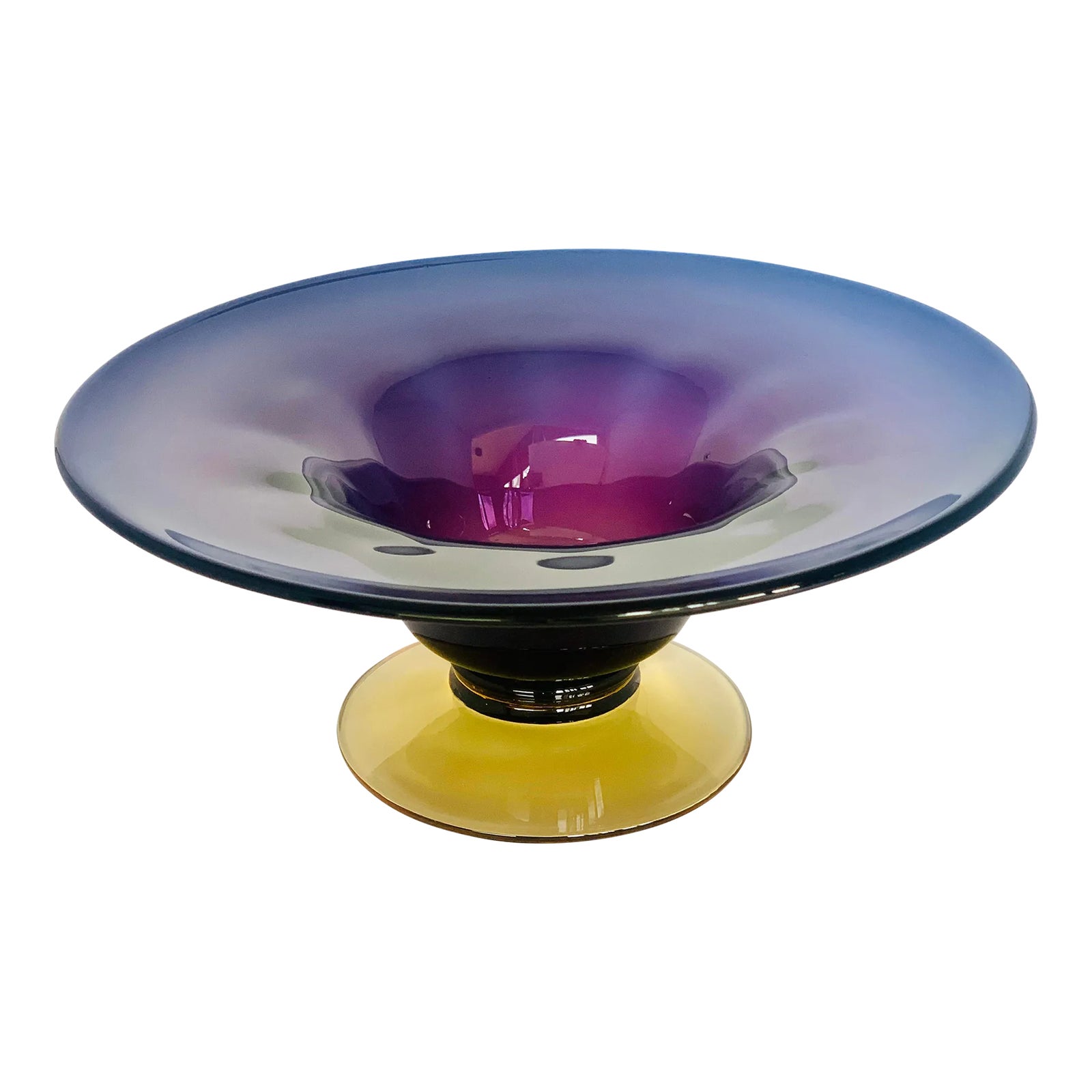 1999 Blenko Violet Art Glass Large Topaz Footed Centerpiece Bowl | Chairish