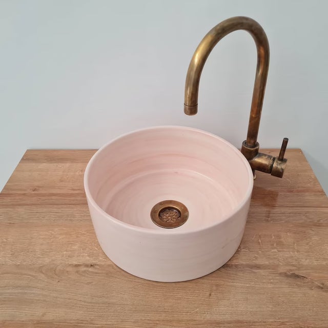 Contemporary Pink Bathroom Wash Basin with Brass Drain | Chairish