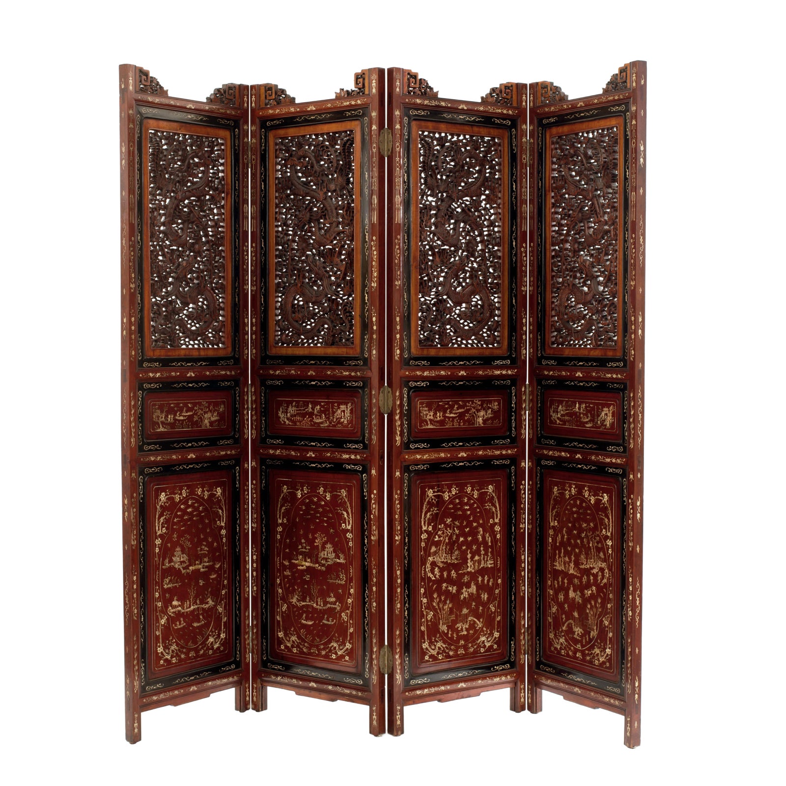 Chinese Mahogany 4-Fold Screen with Satinwood Inlay | Chairish