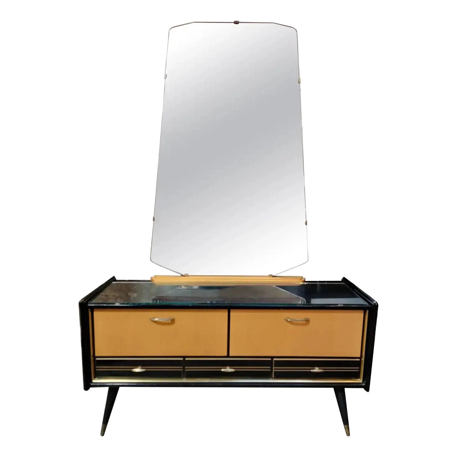 1950's Vanity With Mirror & Lacquer Finish | Chairish