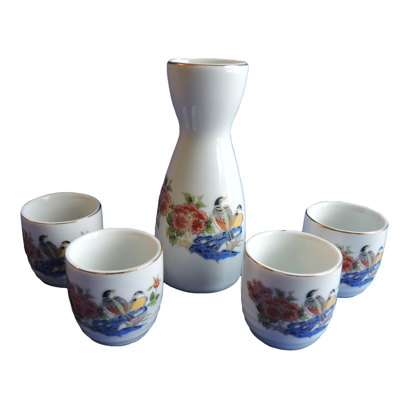Vintage 1970's Japanese Hand Painted Sake 5 Piece Set Birds With ...