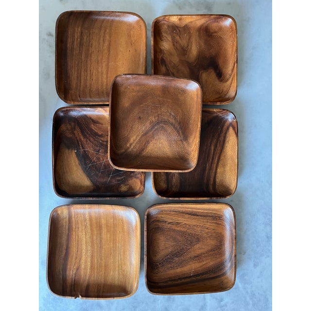 Set of 7 Vintage Square Monkeypod Wood Plates | Chairish