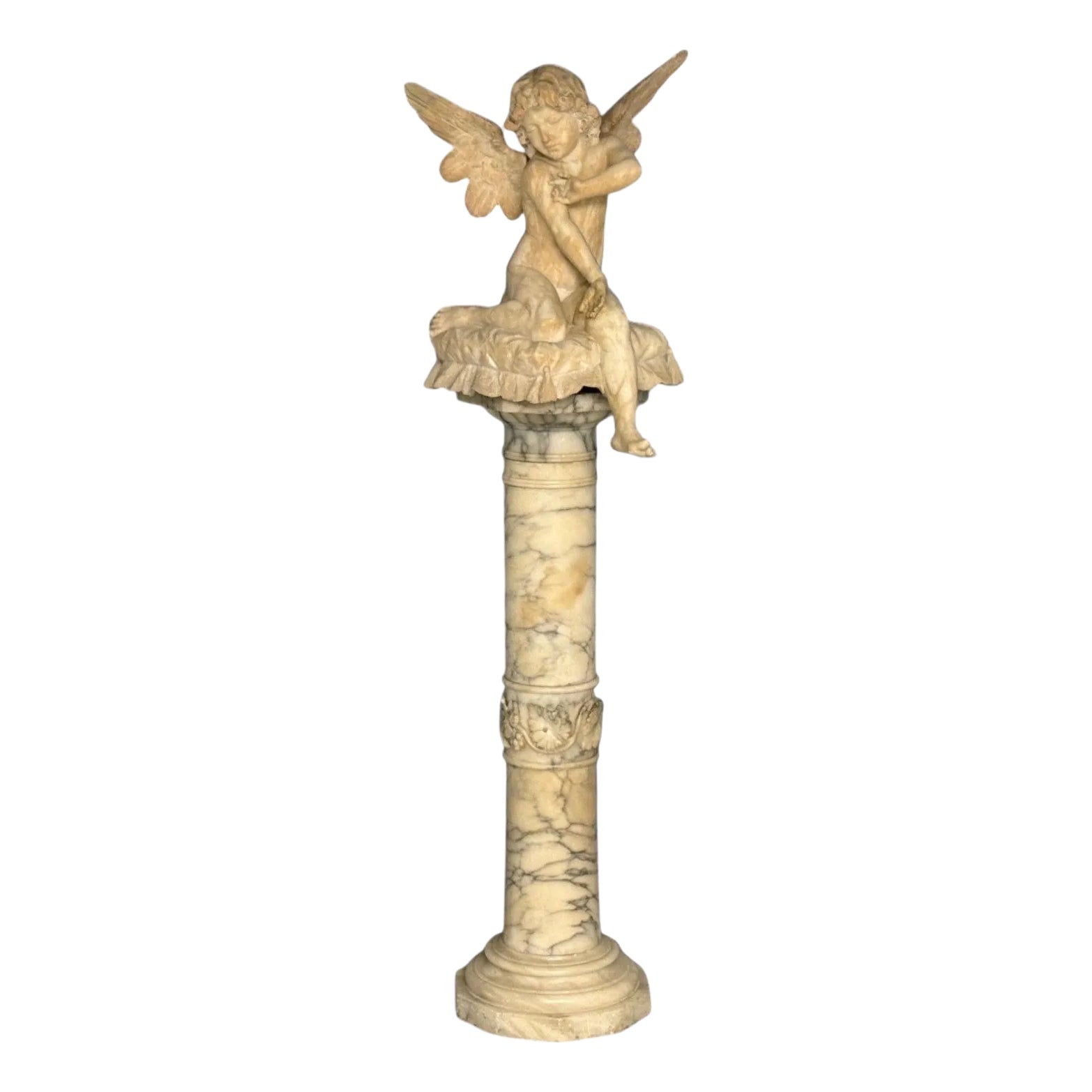 Neoclassical, Winged Angel on Pillow, Alabaster Statue on Pedestal ...