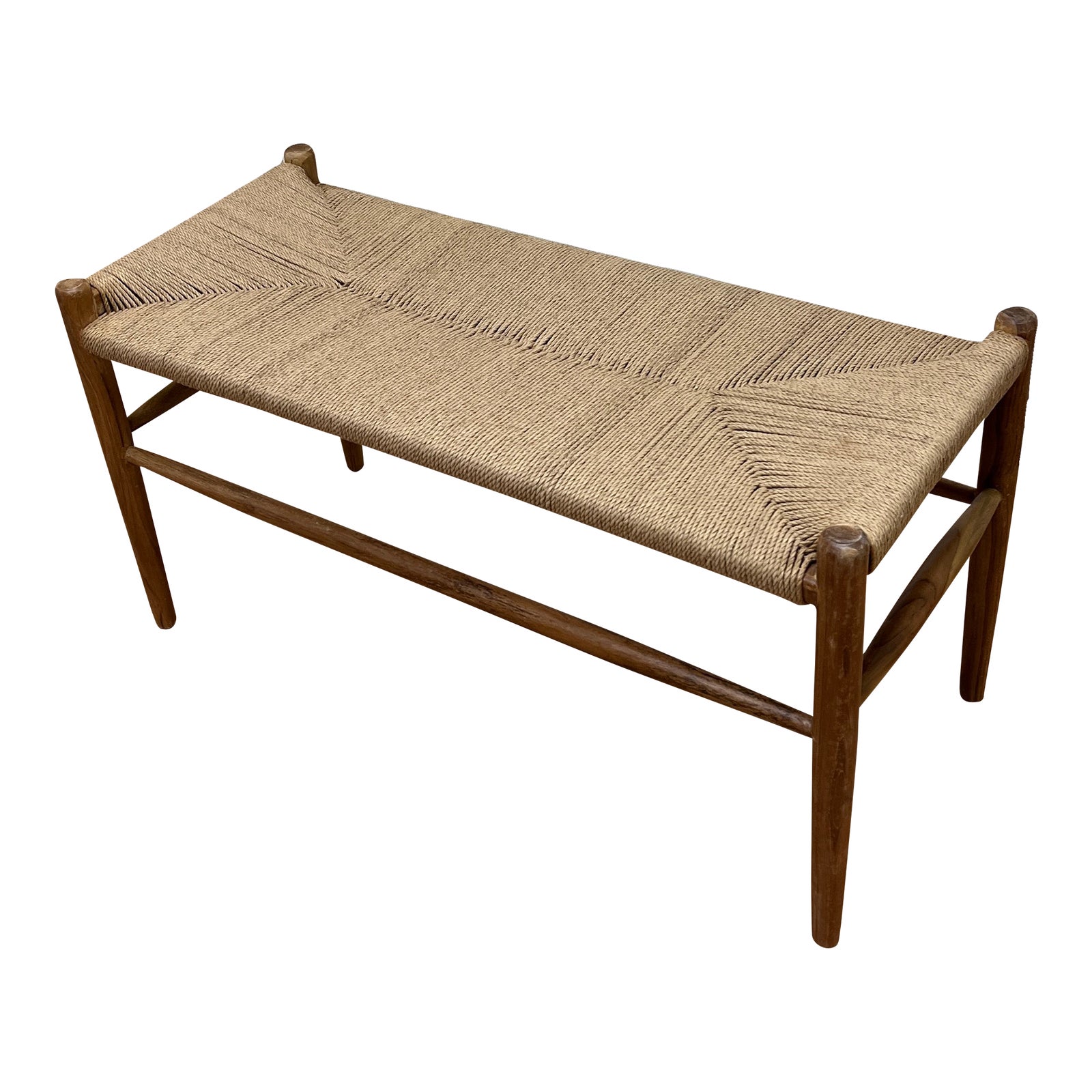 Natural Teak Wood and Rush Bench | Chairish