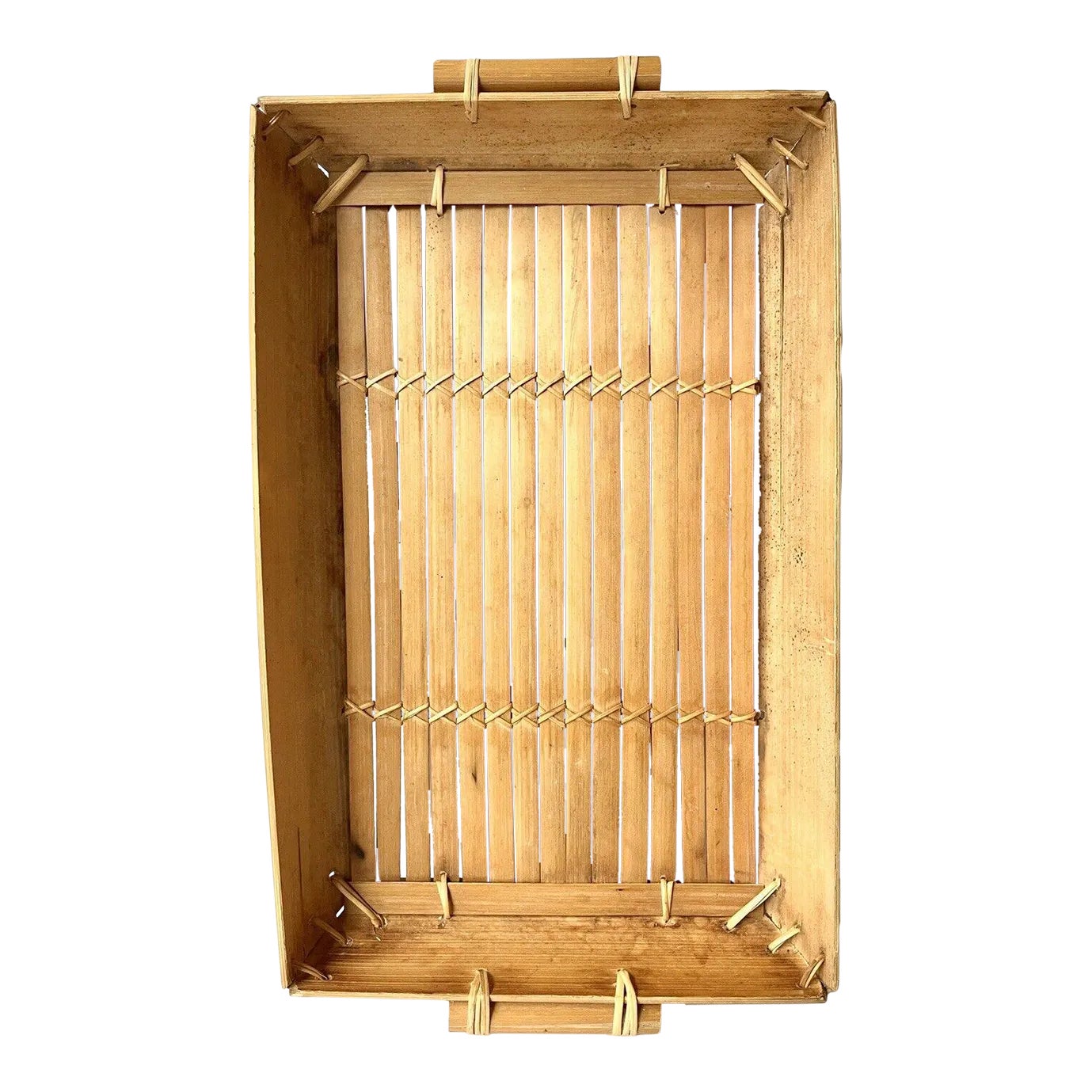 Mid 20th Century Light Bamboo Slat Lap Serving Tray With Cane Handle ...