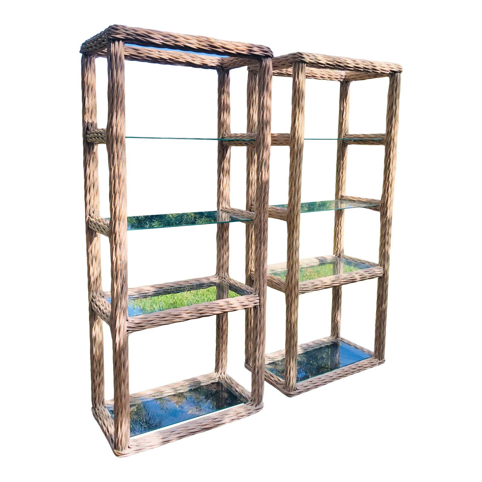 Vintage Coastal Wicker and Rattan Whitewash Étagères - a Pair | Chairish