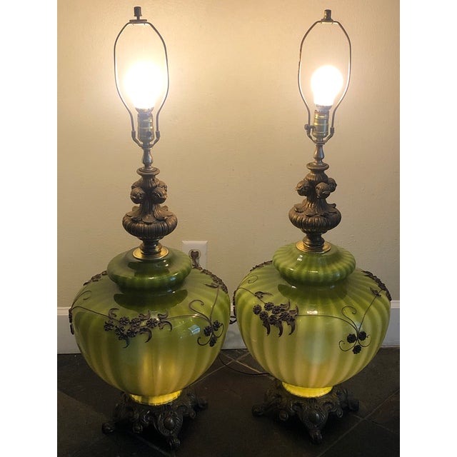 Vintage Pair of Large Ef. Ef Industries Brass Metal & Green Glass Lamps | Chairish