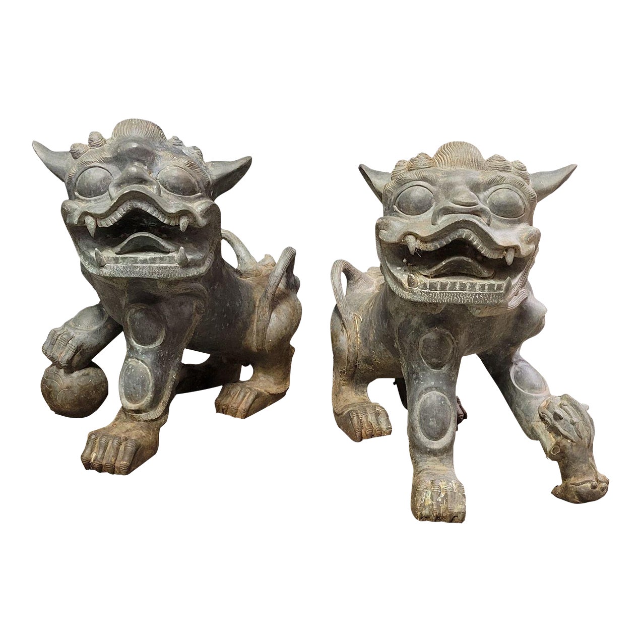 Antique Chinese Bronze Guardian Foo Dogs - A Pair | Chairish