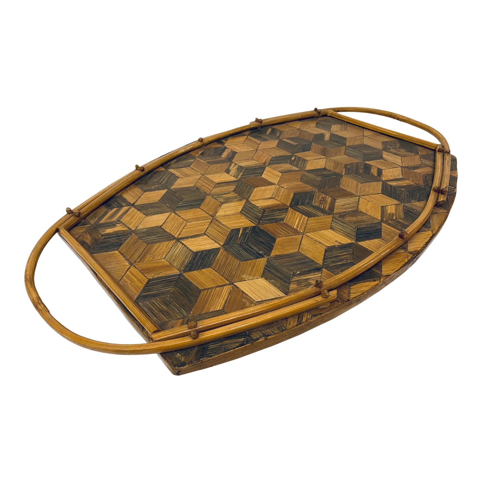 Italian Modern Tumble Block Marquetry Bamboo Tray | Chairish