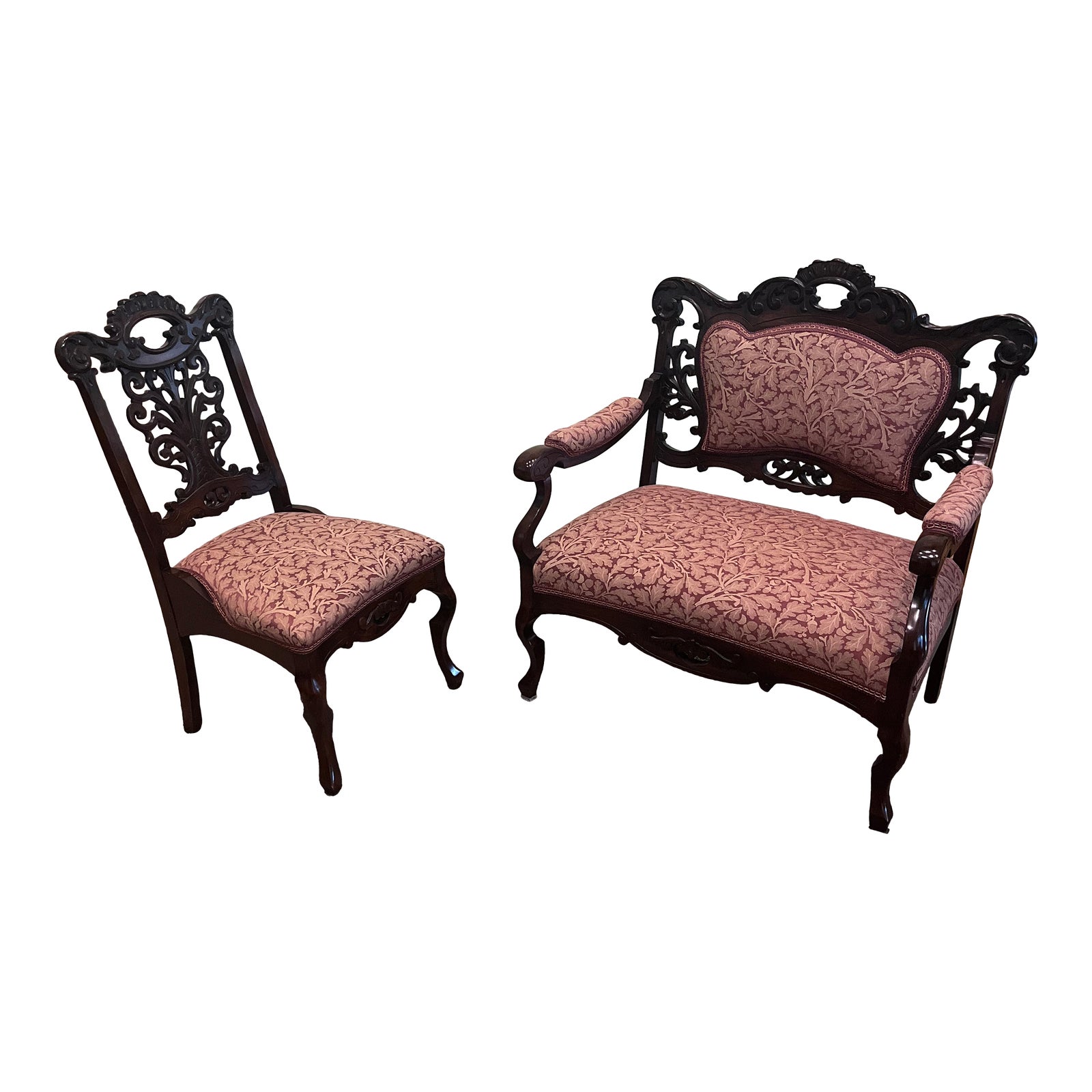 Vintage Traditional Settee and Matching Chair Set - 2 Pieces | Chairish