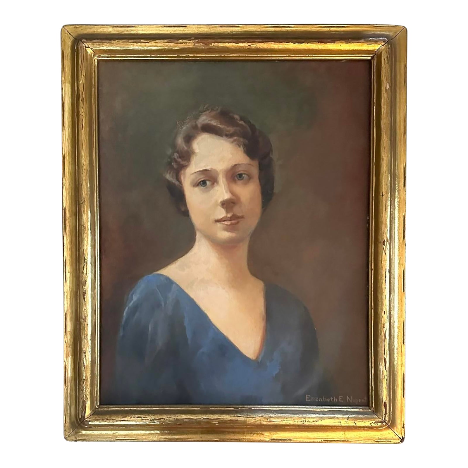 1920’s Vintage Oil on Canvas Portrait Painting of Lady/Woman in Blue ...