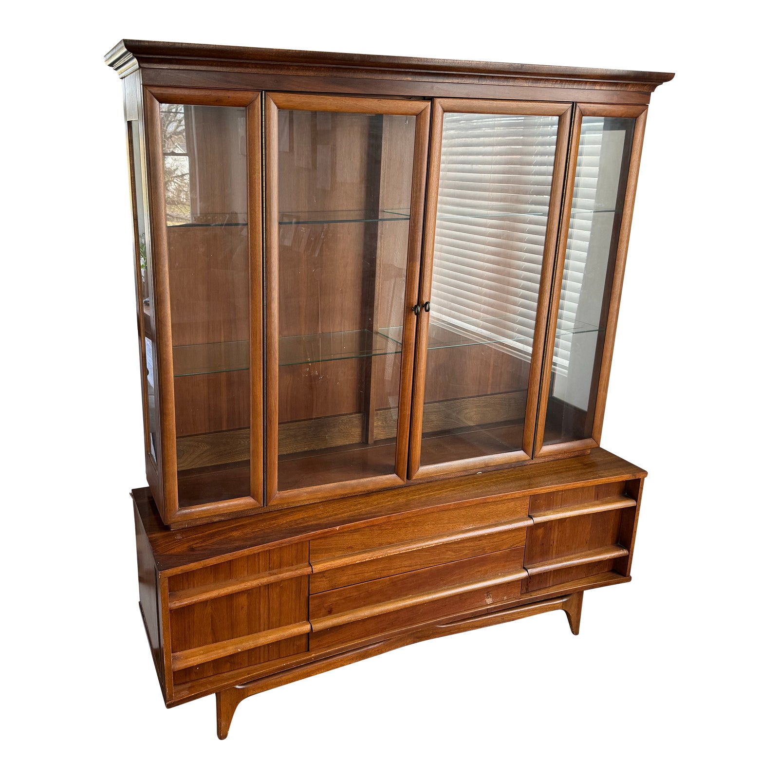 Young Manufacturing Mid Century Walnut Curved Buffet and Hutch China ...