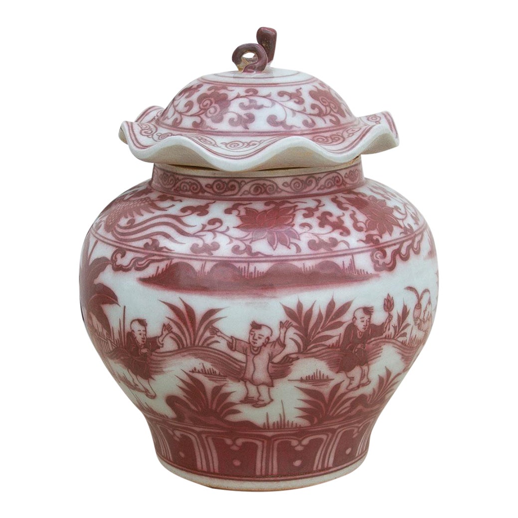 Vintage Red & White Ginger Jar | Chairish