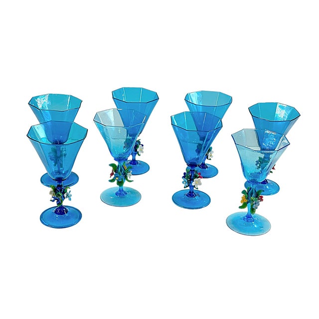 1960's Italian Venetian Flower Adorned Blue Wine Goblets - Set of 8 ...