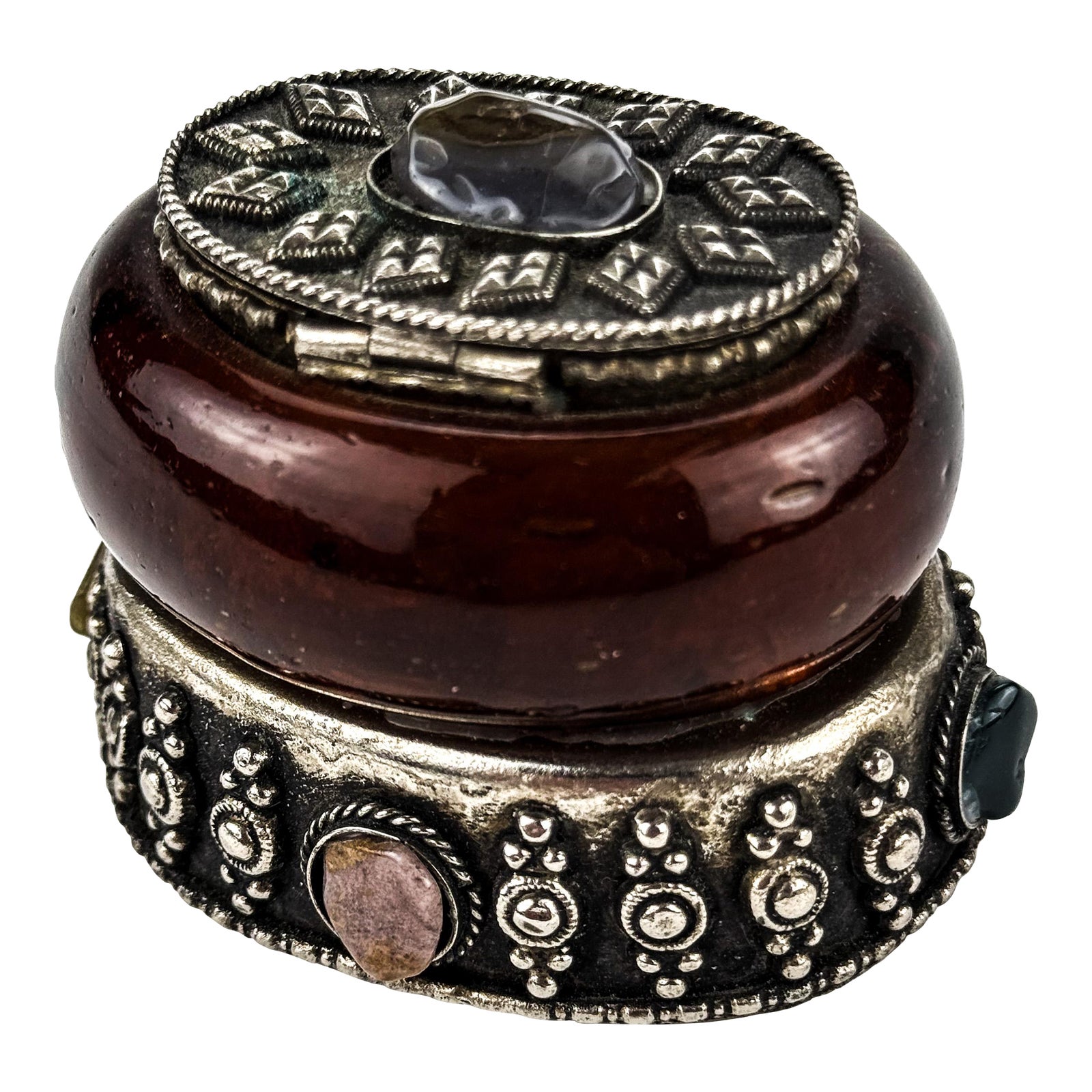 Small Vintage Hinged Lidded Glass and Stone Trinket Box. | Chairish