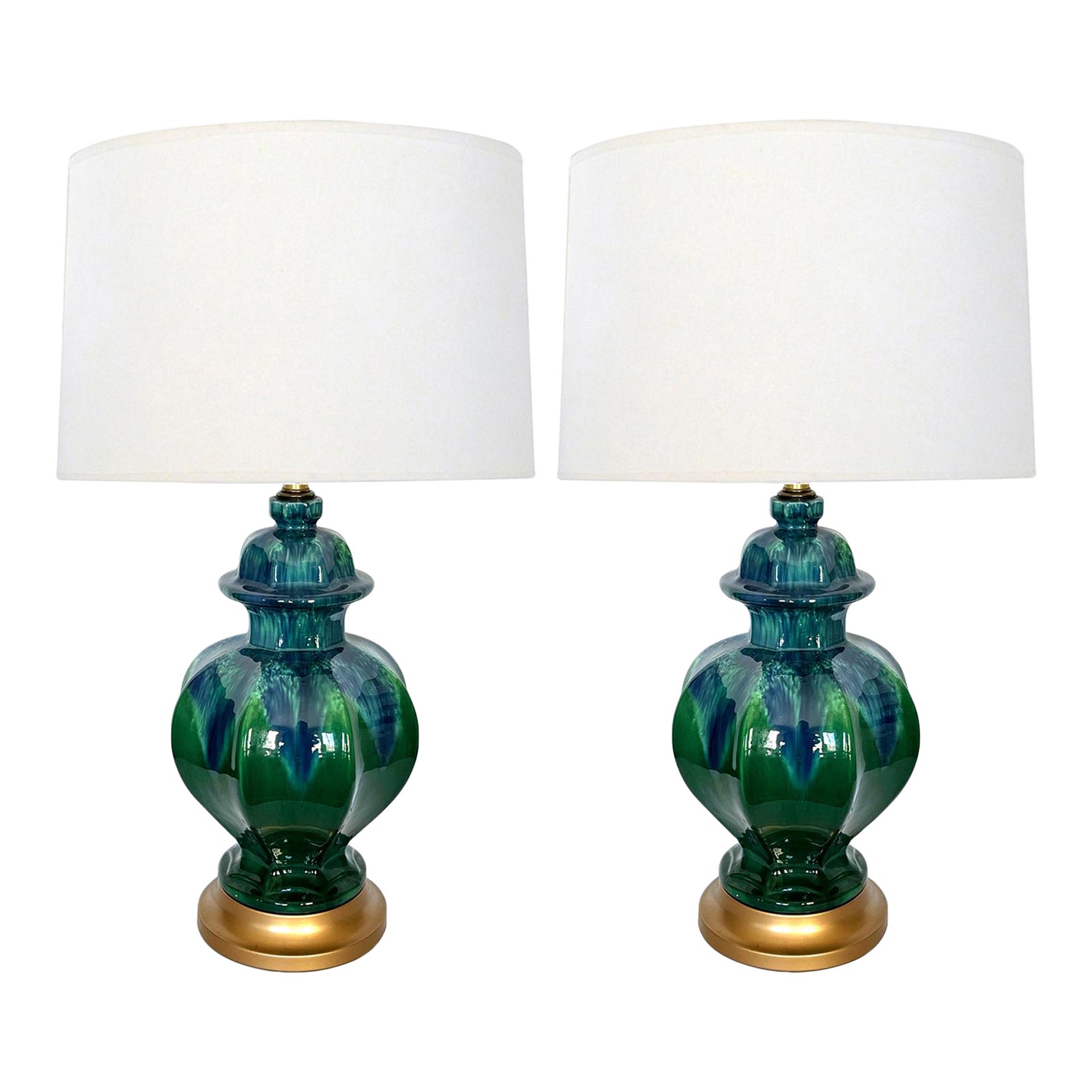 1960s Blue and Green Drip-Glazed Octagonal Ginger Jar Lamps - a Pair ...